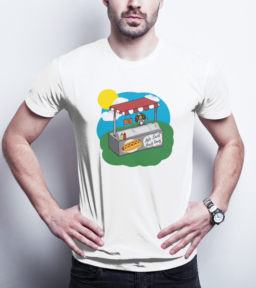 Ash Said Hawt Dawg Stand With Hot Dog And Condiments Under Red Canopy In Cartoon T-Shirt