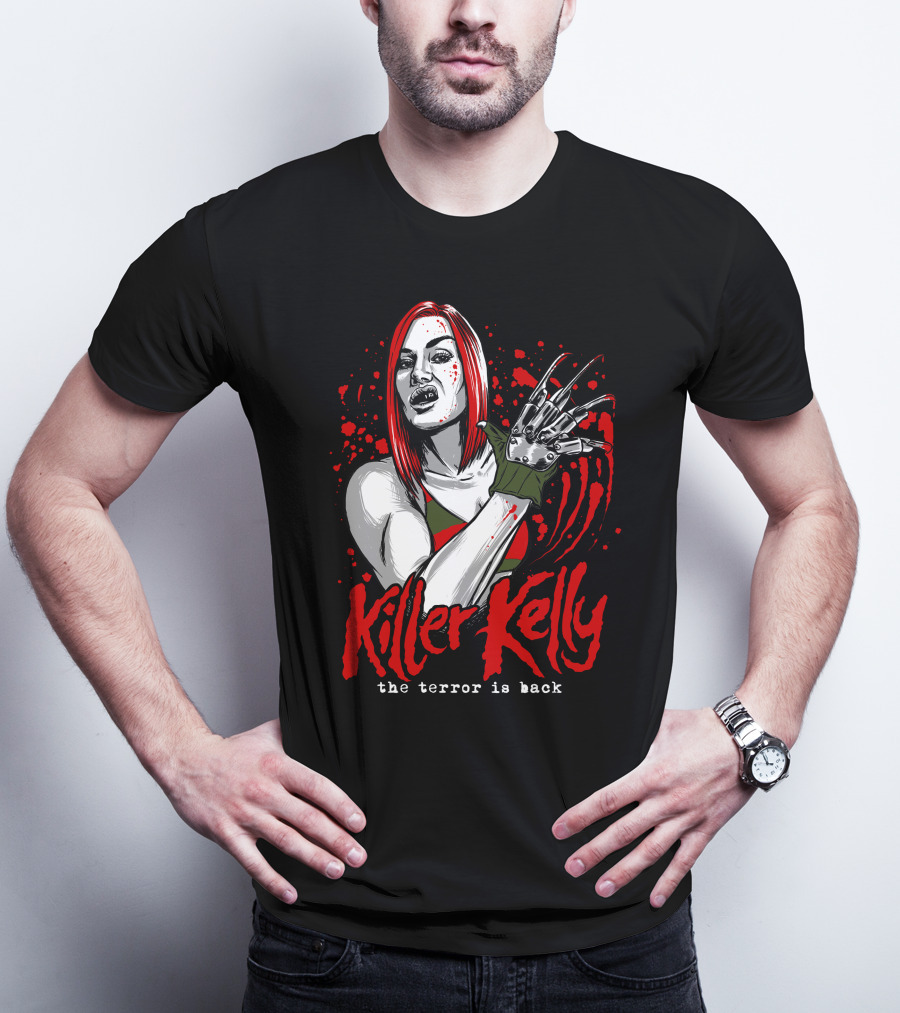 Killer Kelly The Terror Is Back Freddy Krueger Inspired Character Blood Splatter T-Shirt