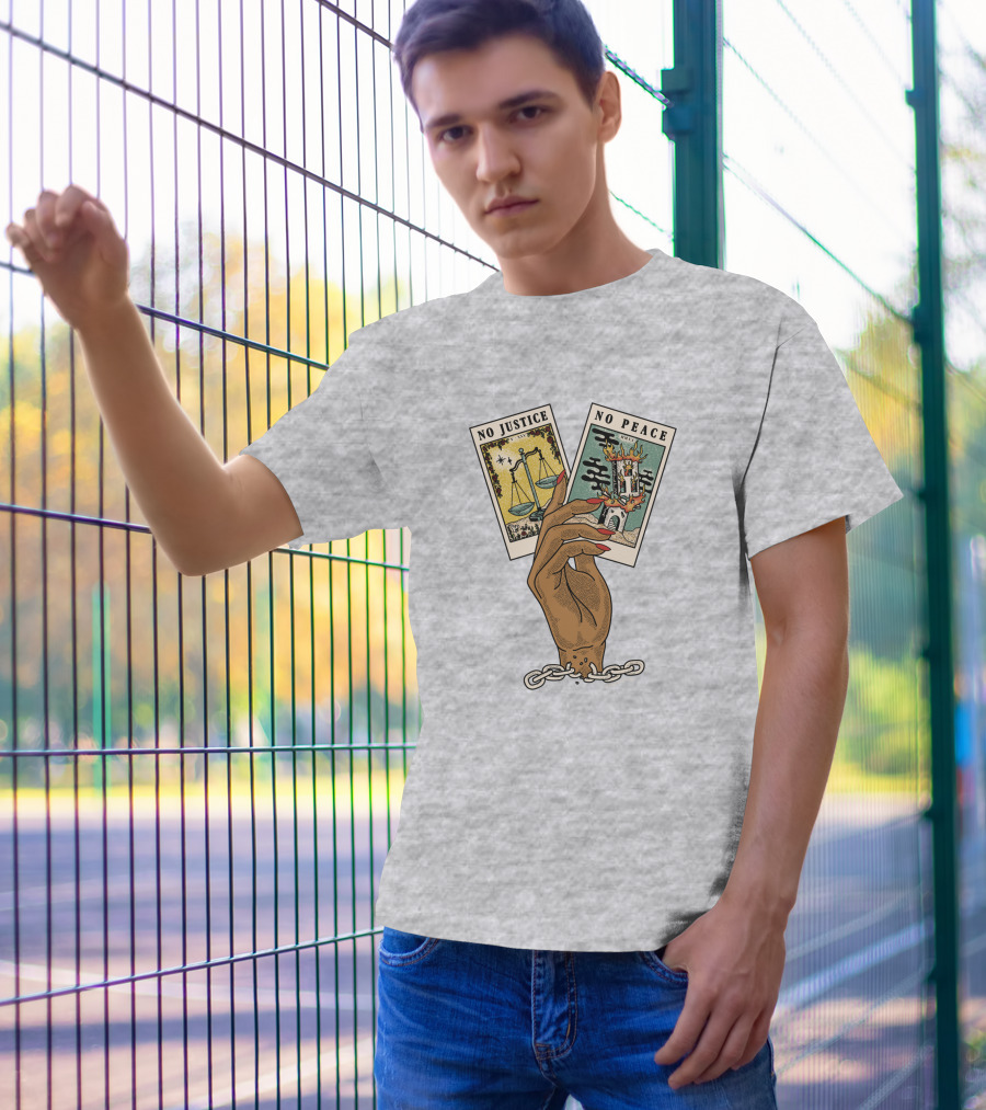 No Justice No Peace BLM Tarot Card With Scales And Tower Imagery In Hand With Broken Chains T-Shirt