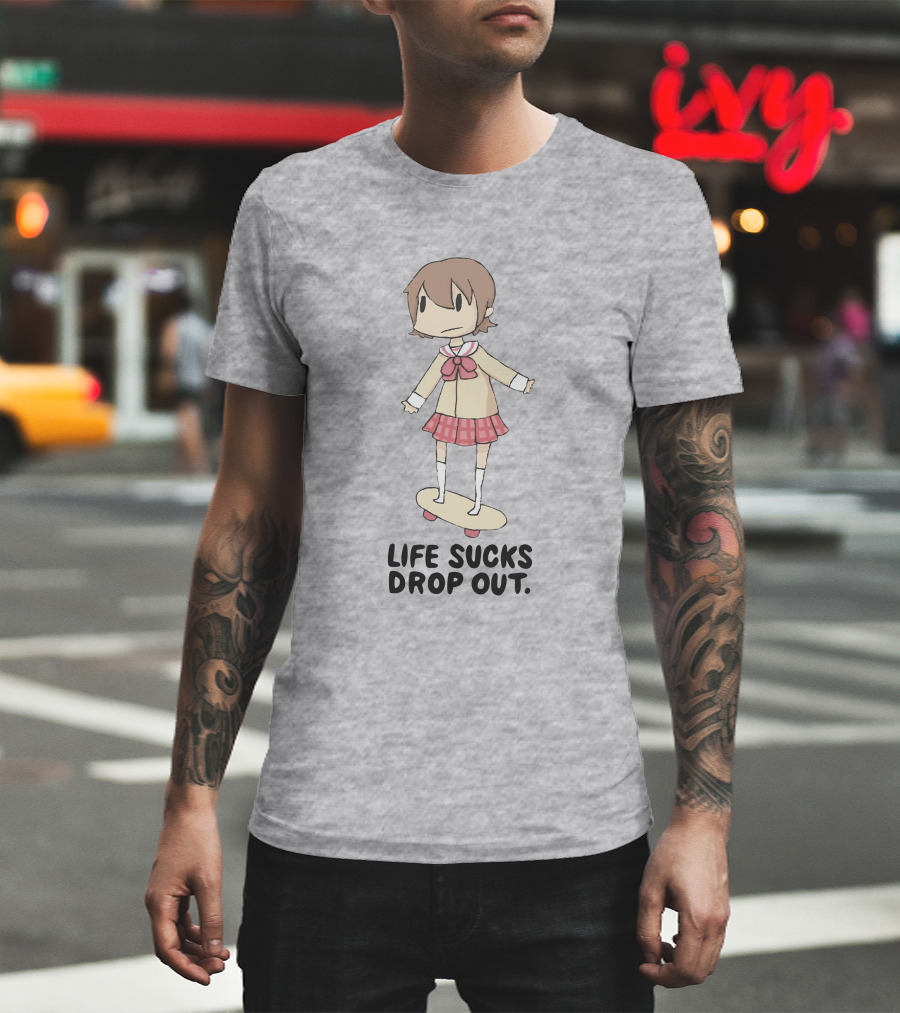 Life Sucks Drop Out Anime Style Character On Skateboard T-Shirt