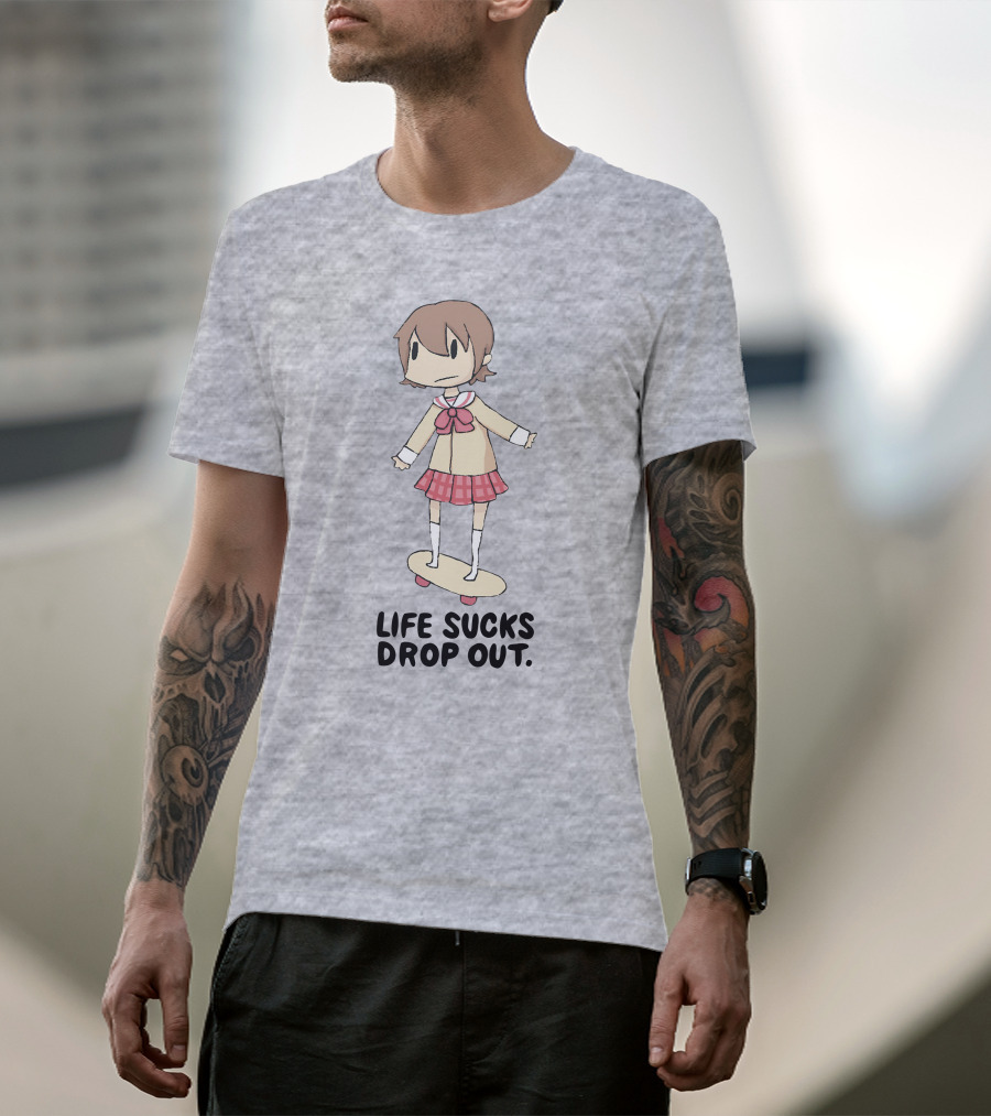Life Sucks Drop Out Anime Style Character On Skateboard T-Shirt