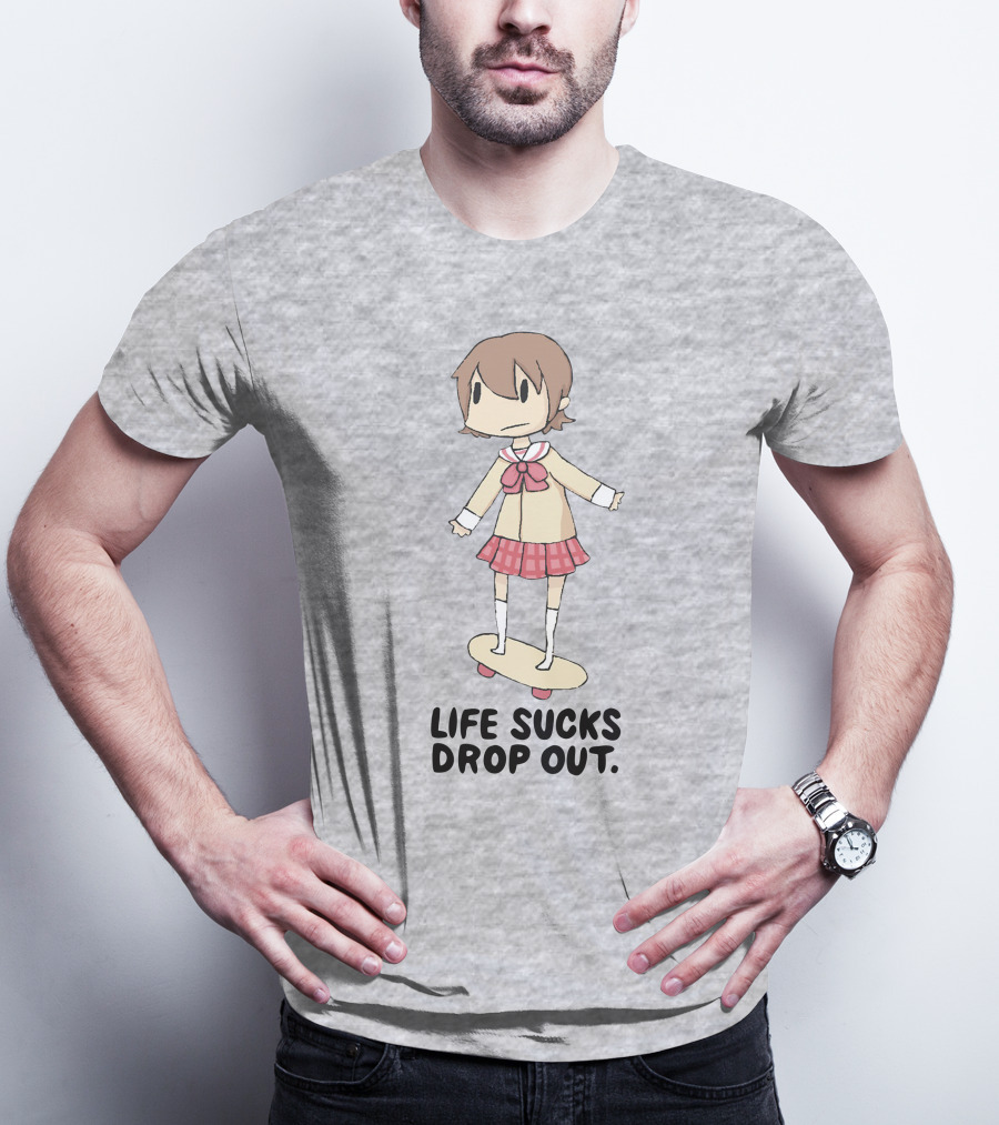 Life Sucks Drop Out Anime Style Character On Skateboard T-Shirt
