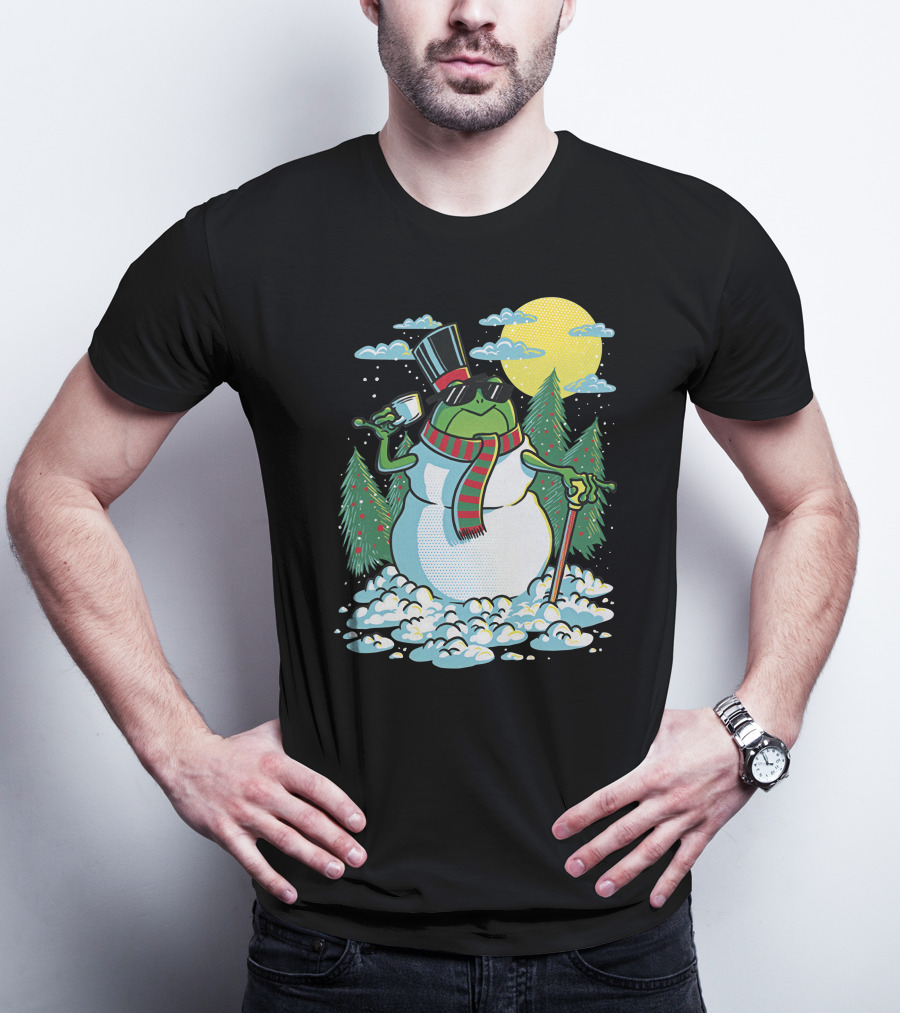 BoomerNA Merch BoomerNA Snowfrog Frog Snowman Christmas Tree Top Hat Cane T-Shirt