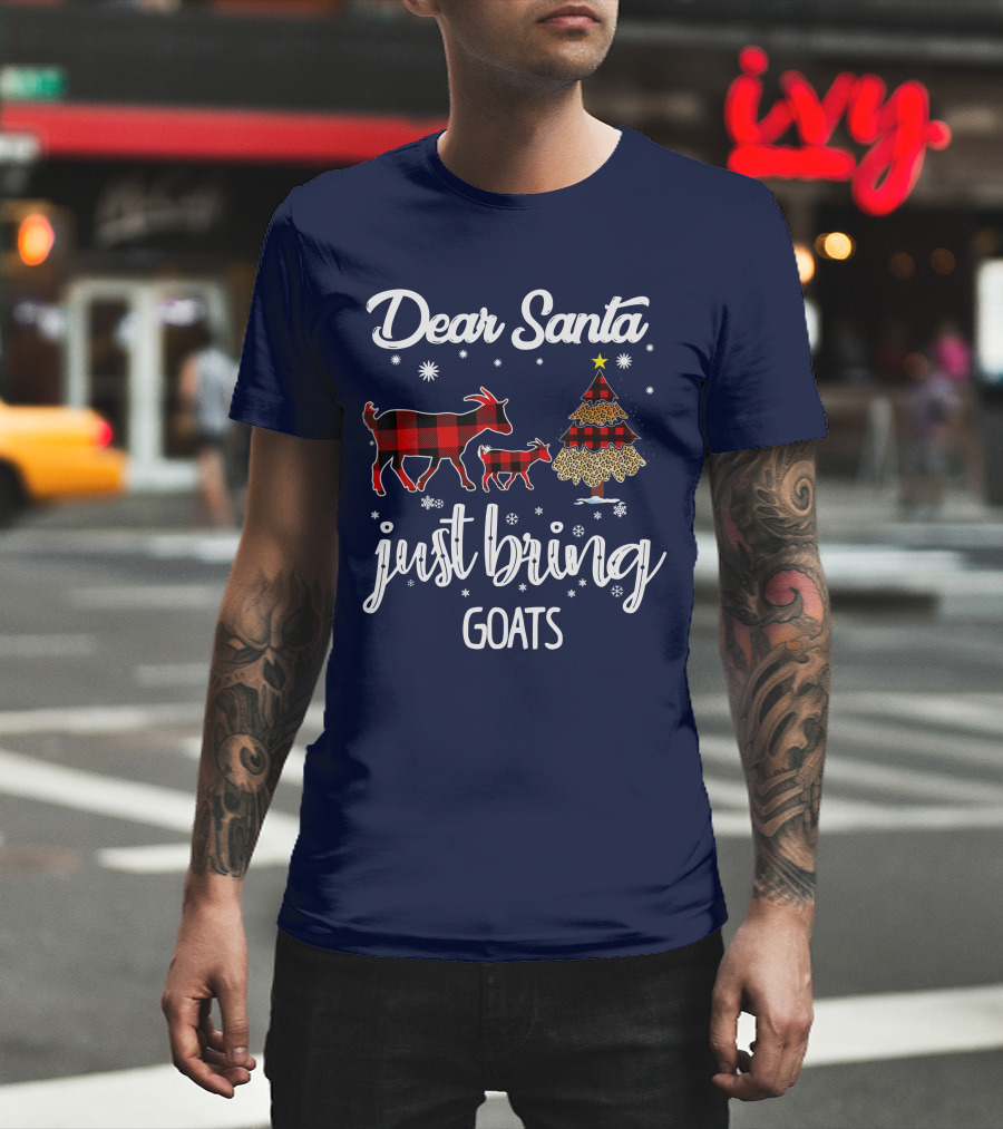 Dear Santa Just Bring Goats Plaid Christmas Tree Snowflakes T-Shirt