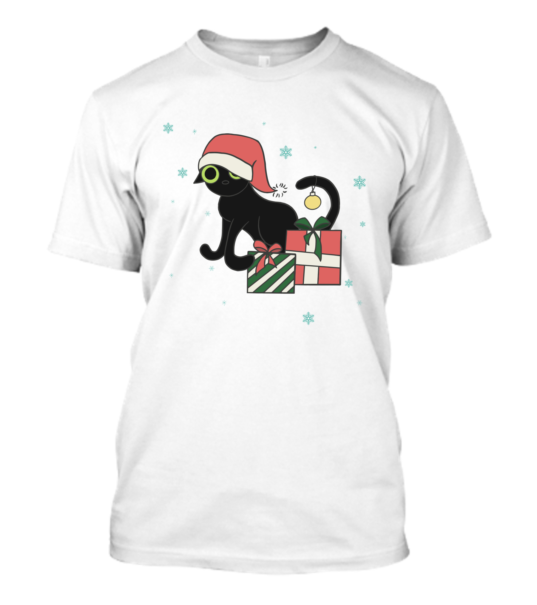 Jinx Holiday Merch Bigfootjinx Holiday Black Cat Santa Hat Presents Snowflakes T-Shirt