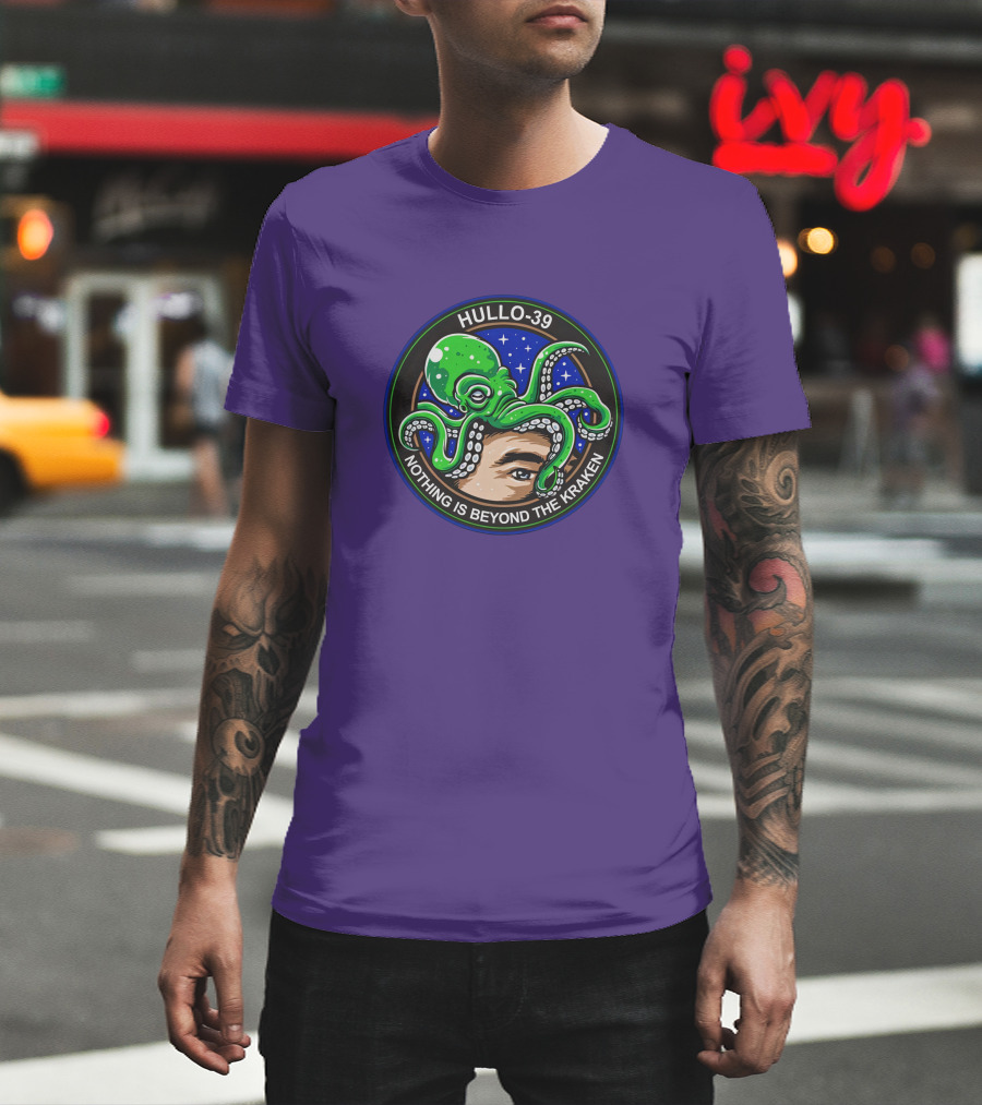 Hullo-39 Nothing Is Beyond The Kraken Green Octopus Starry Sky Badge T-Shirt