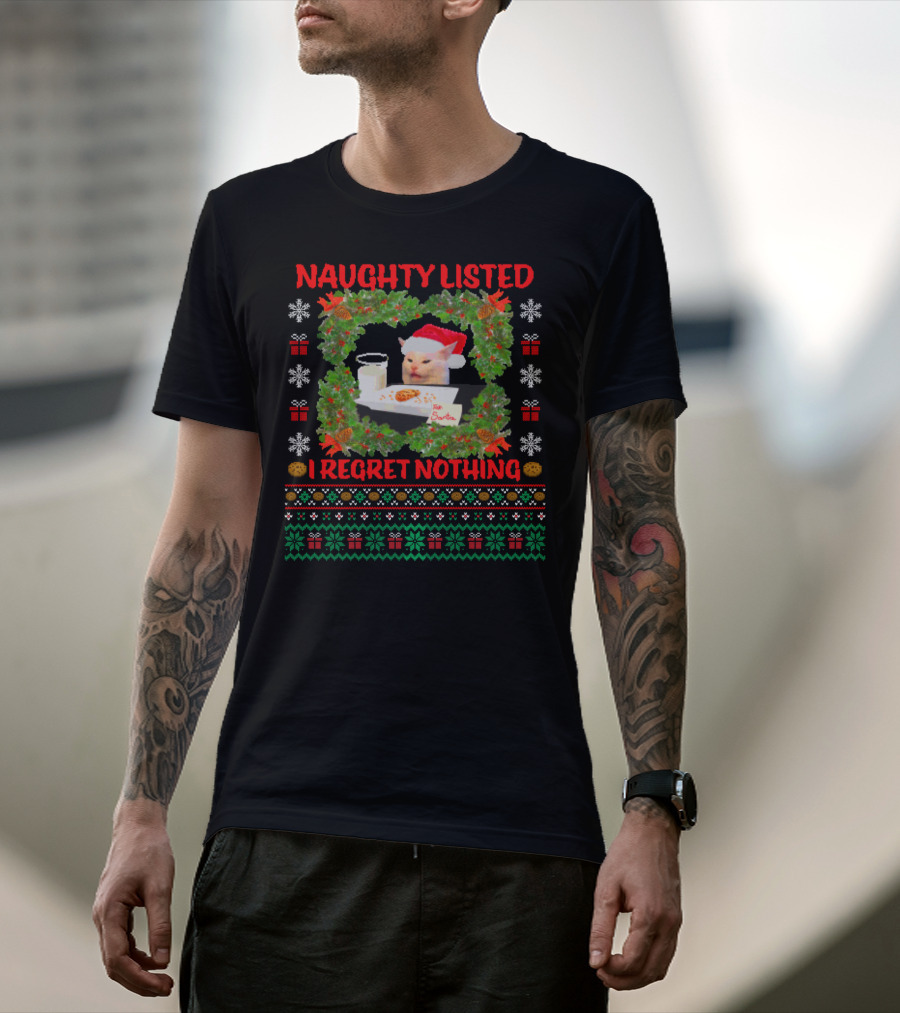 Naughty Listed Cat I Regret Nothing Santa Milk Cookies Christmas T-Shirt