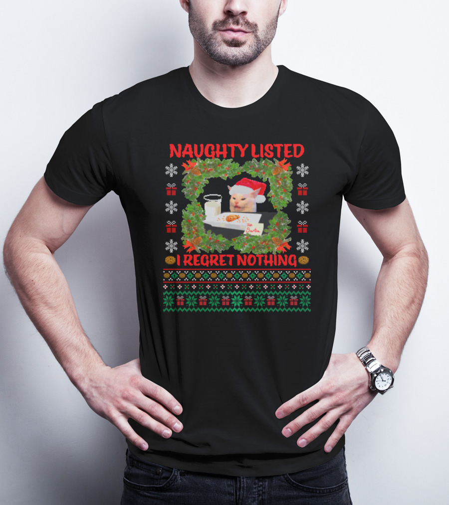 Naughty Listed Cat I Regret Nothing Santa Milk Cookies Christmas T-Shirt