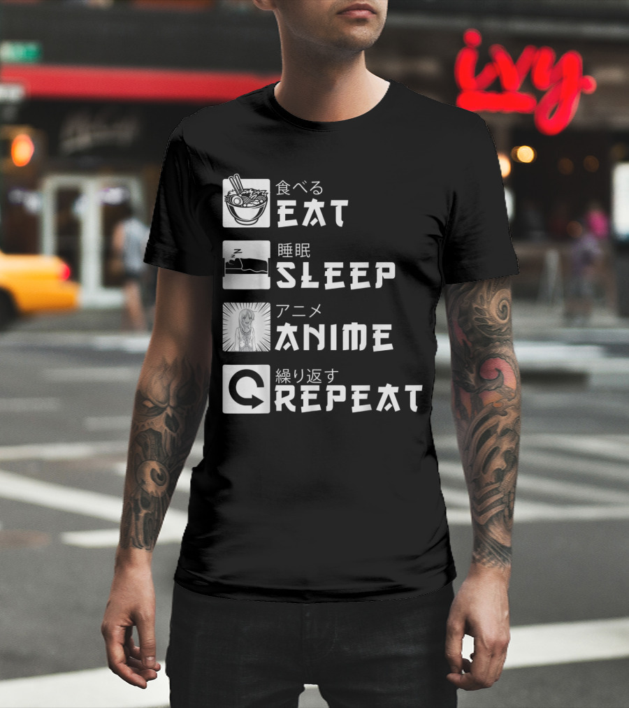 Eat Sleep Anime Repeat Japanese Manga Cosplay Bowl Zzzz Girl Arrows T-Shirt