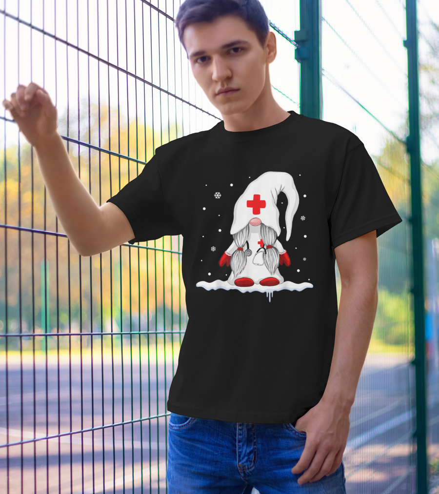 Gnome Nurse With Stethoscope And Red Cross Winter Scene T-Shirt