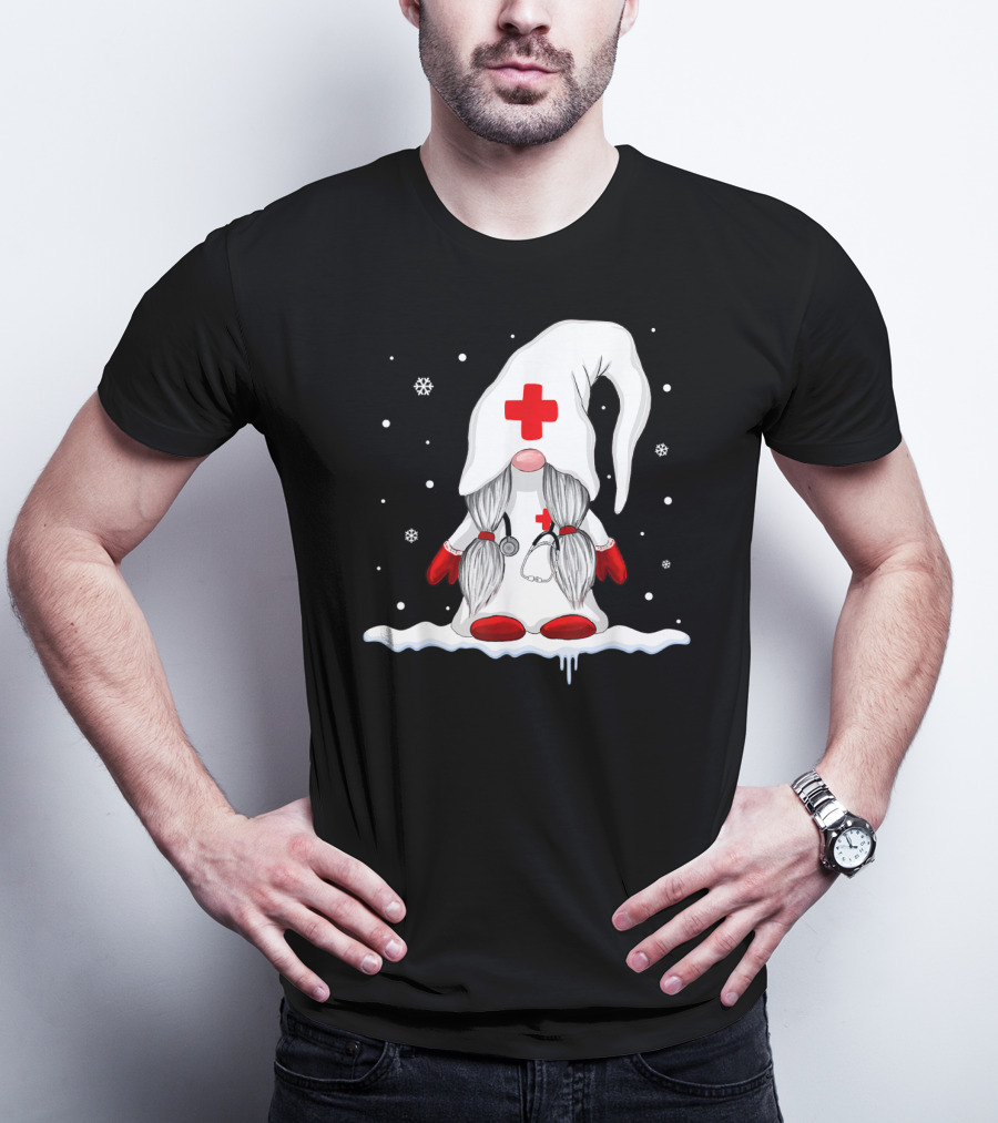 Gnome Nurse With Stethoscope And Red Cross Winter Scene T-Shirt