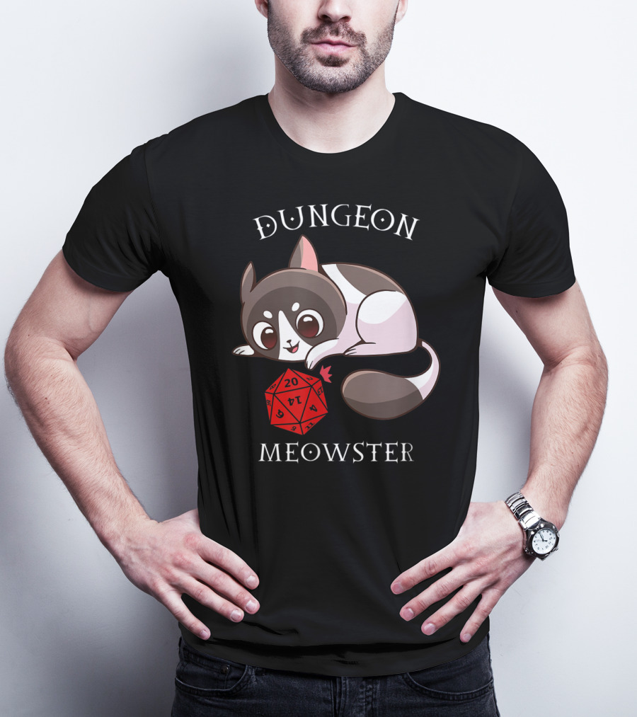 Dungeon Meowster Cat With D20 Nerd RPG Table Top Gamer T-Shirt
