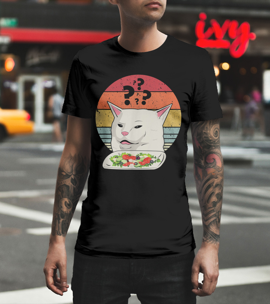 Cat Meme Confused Expression With Salad And Retro Color Stripes T-Shirt