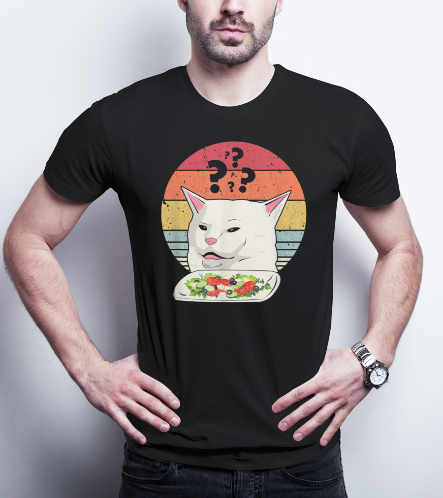 Cat Meme Confused Expression With Salad And Retro Color Stripes T-Shirt