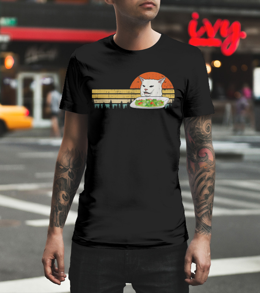 Yelling Cat Meme Retro Sunset Salad Plate Forest Scene T-Shirt