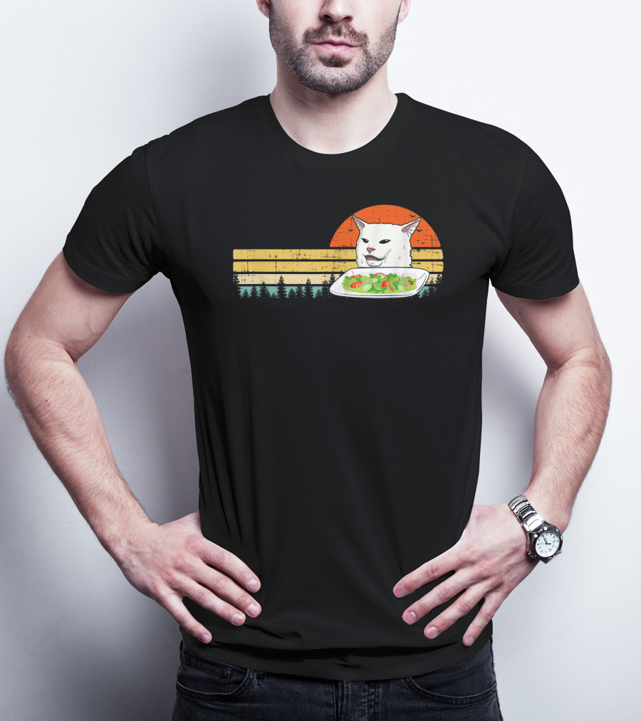 Yelling Cat Meme Retro Sunset Salad Plate Forest Scene T-Shirt