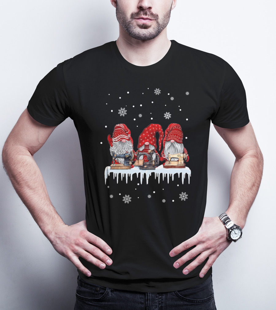 Christmas Gnome Red Sewing Machine Snowflakes T-Shirt