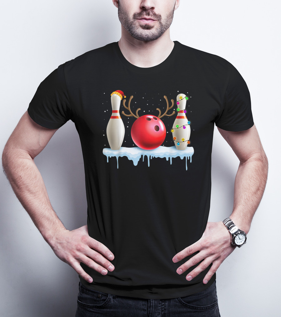 Christmas Santa Hat Reindeer Bowling Ball And Xmas Lights Bowling Pins Lover T-Shirt