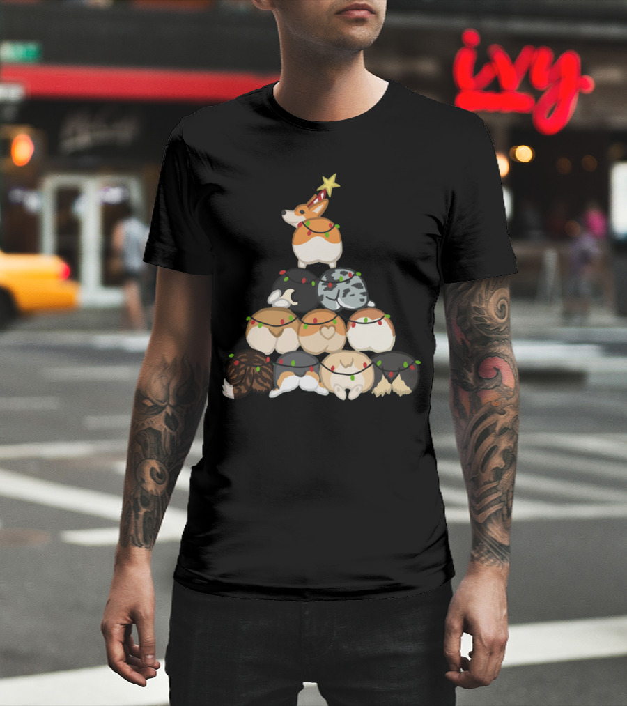 Corgi Butt Christmas Tree With Festive Lights And Star Topper T-Shirt