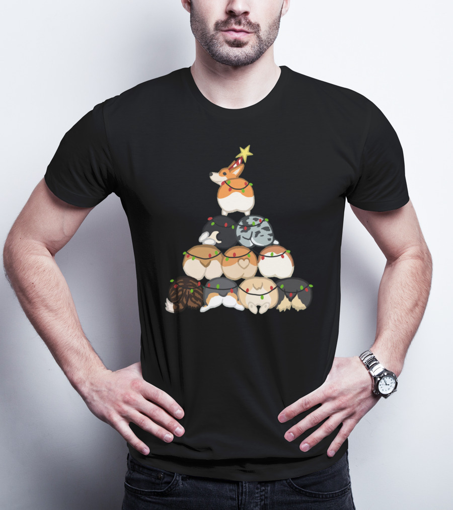 Corgi Butt Christmas Tree With Festive Lights And Star Topper T-Shirt