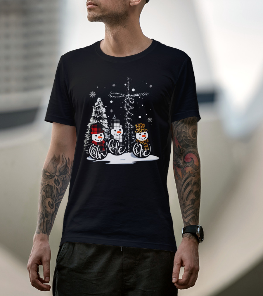 Faith Hope Love Snowmen Jesus Christmas Leopard Plaid T-Shirt