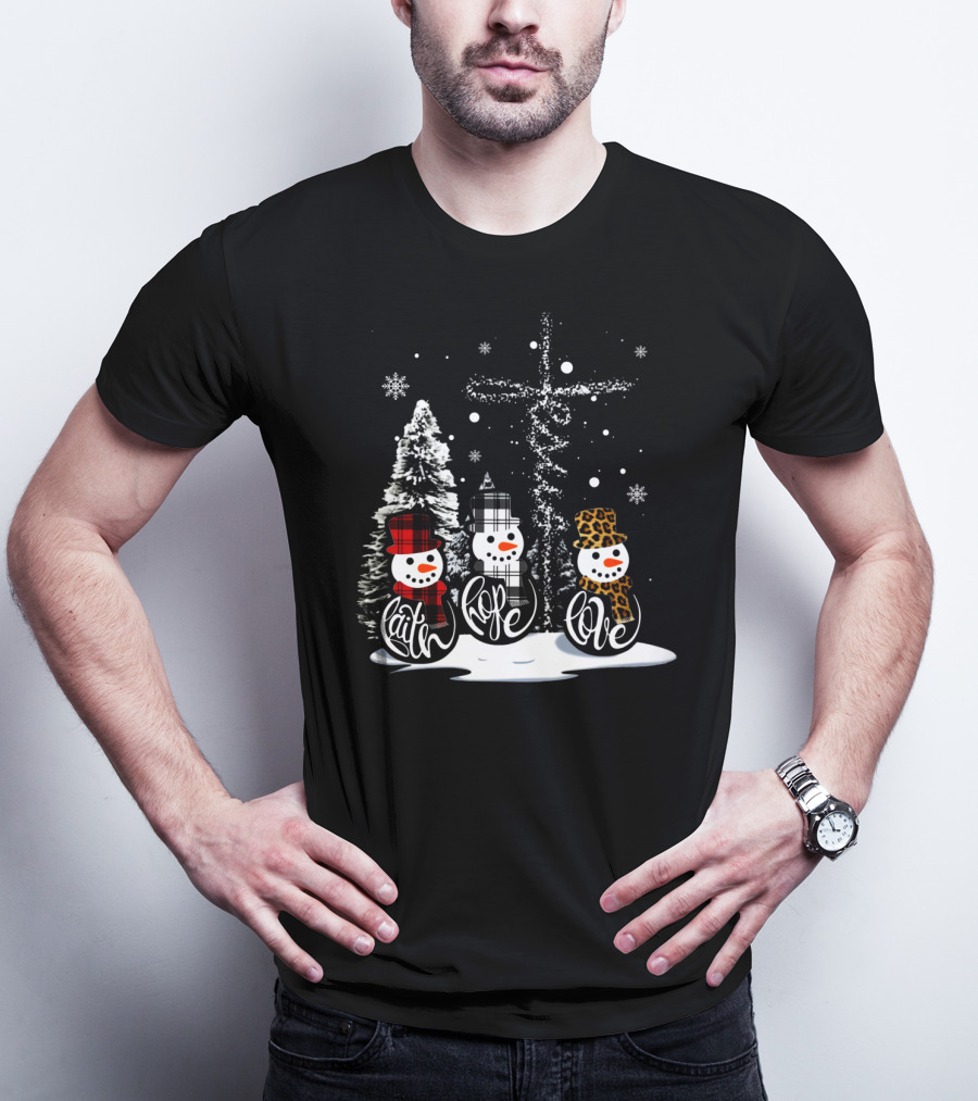 Faith Hope Love Snowmen Jesus Christmas Leopard Plaid T-Shirt