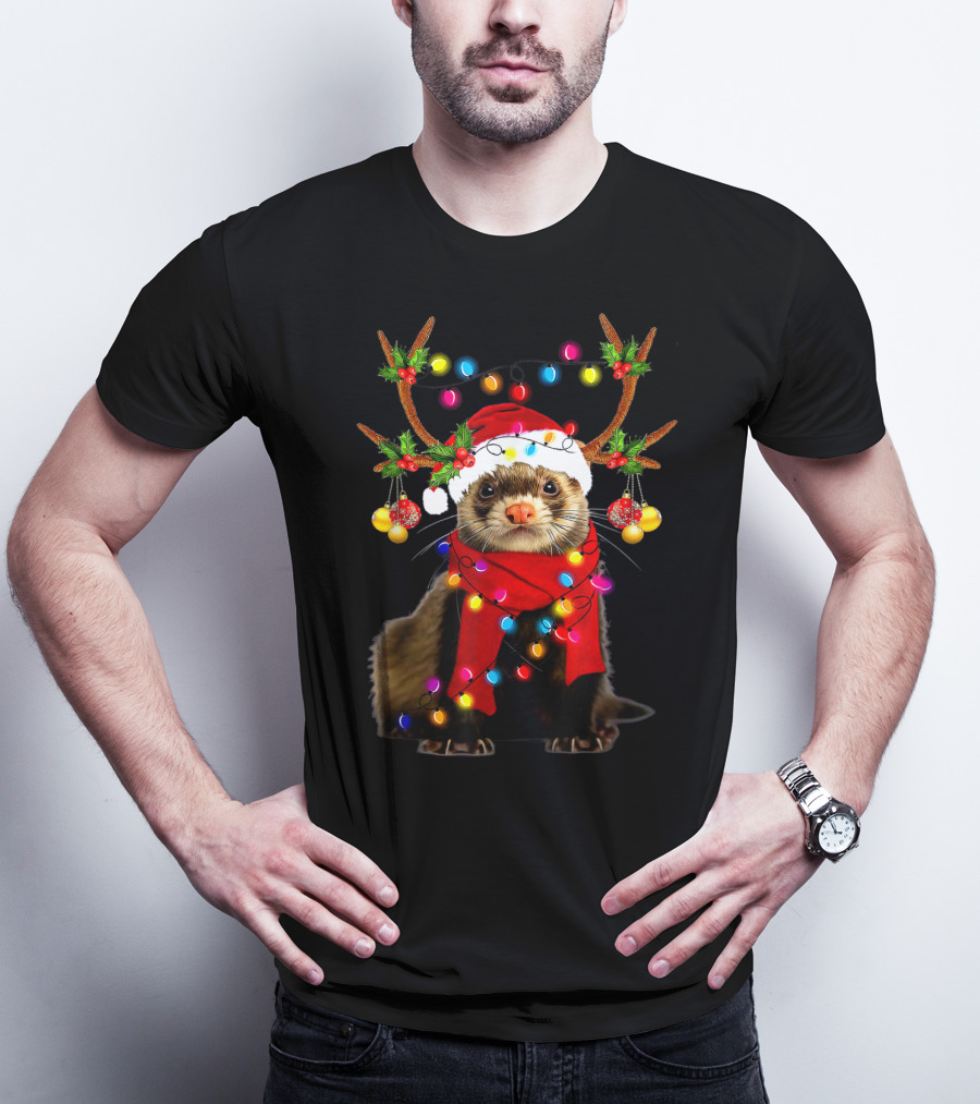 Ferret Santa Reindeer Christmas Lights T-Shirt