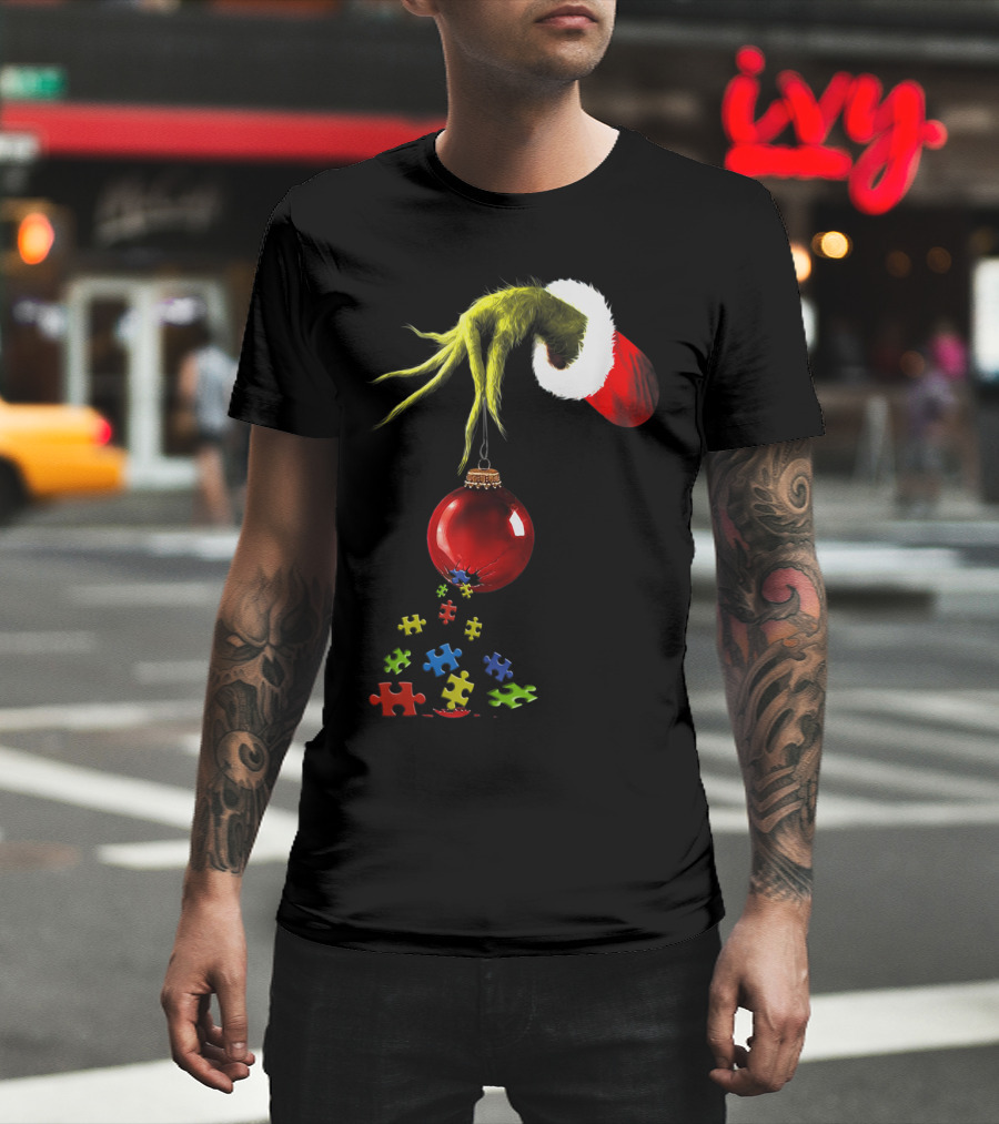 Grinch Hand Holding Red Ornament With Autism Puzzle Pieces T-Shirt