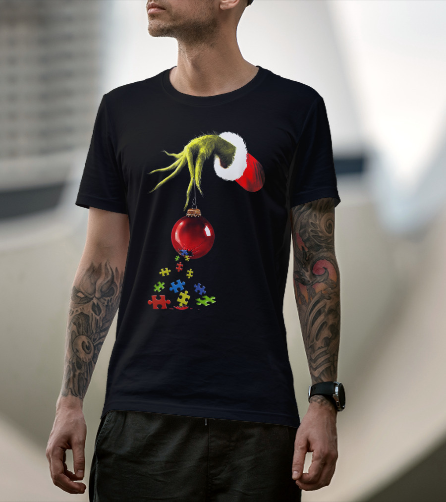 Grinch Hand Holding Red Ornament With Autism Puzzle Pieces T-Shirt