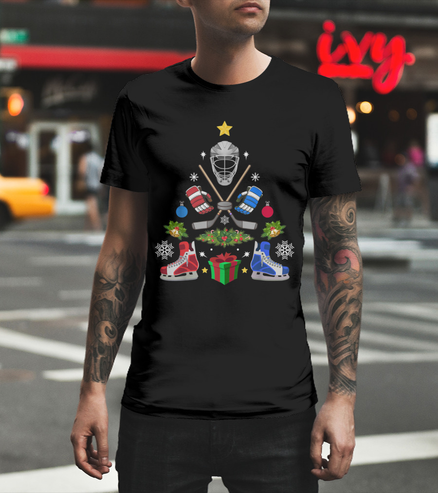 Ice Hockey Christmas Tree Ornaments With Helmets Skates And Sticks T-Shirt