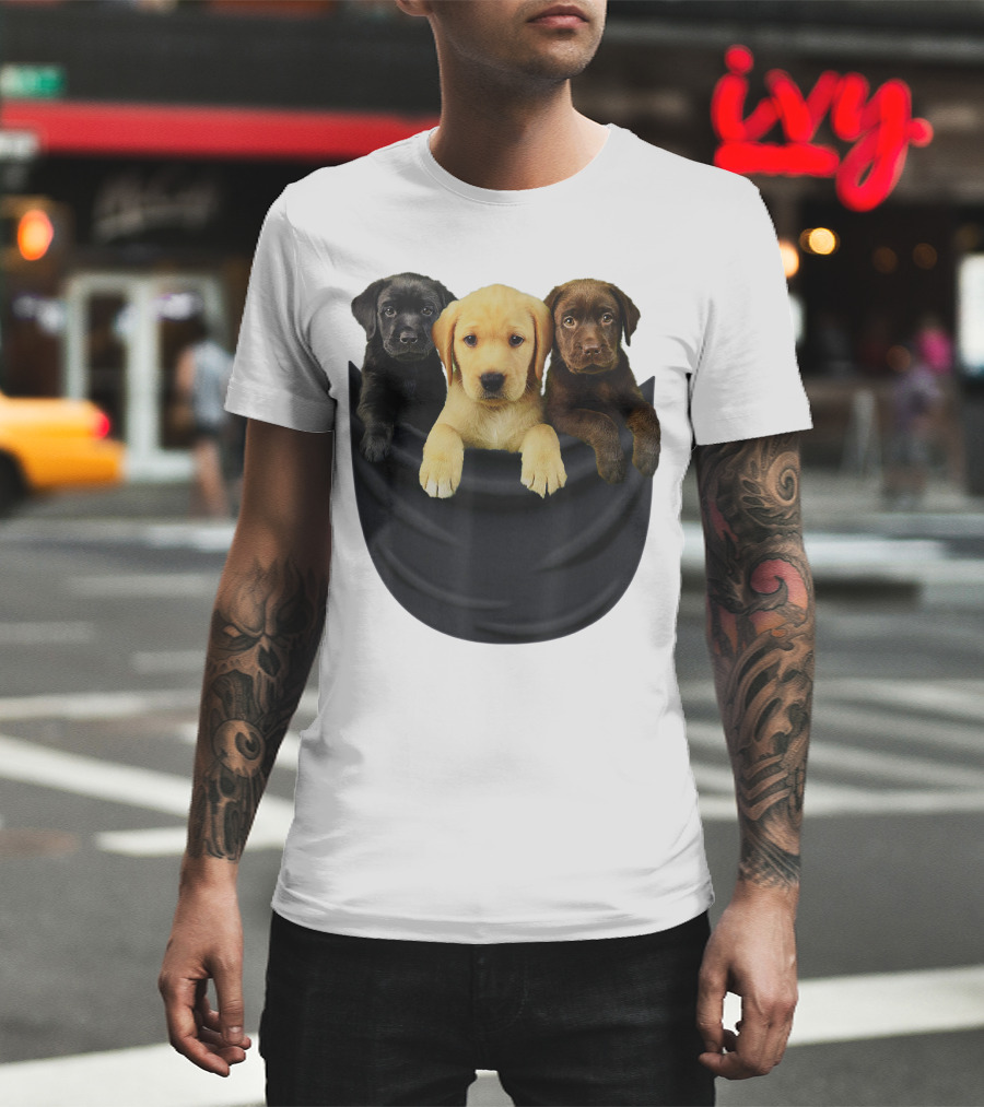 Labrador Retriever Puppy Trio In Big Black Pocket Dog T-Shirt