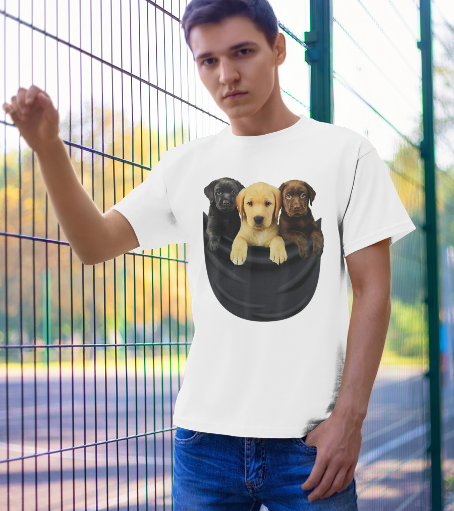 Labrador Retriever Puppy Trio In Big Black Pocket Dog T-Shirt