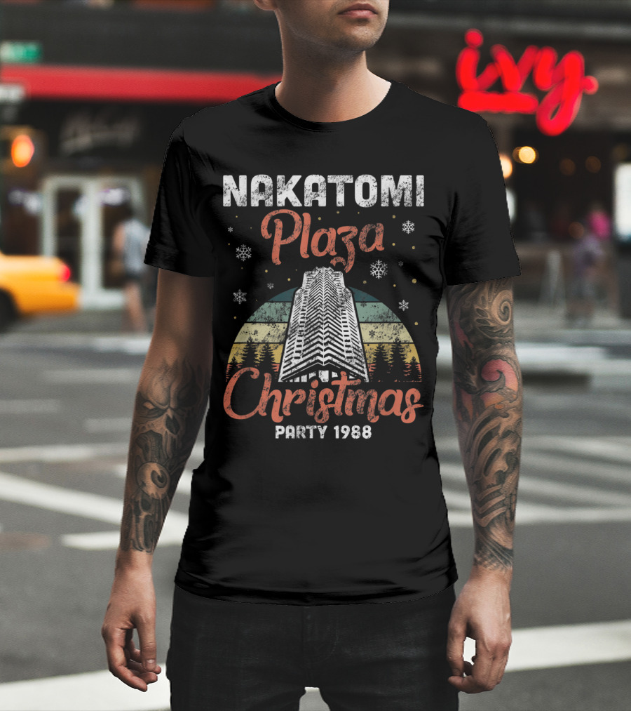 Nakatomi Plaza Christmas Party 1988 Holiday Retro Snowflakes Forest Scene T-Shirt