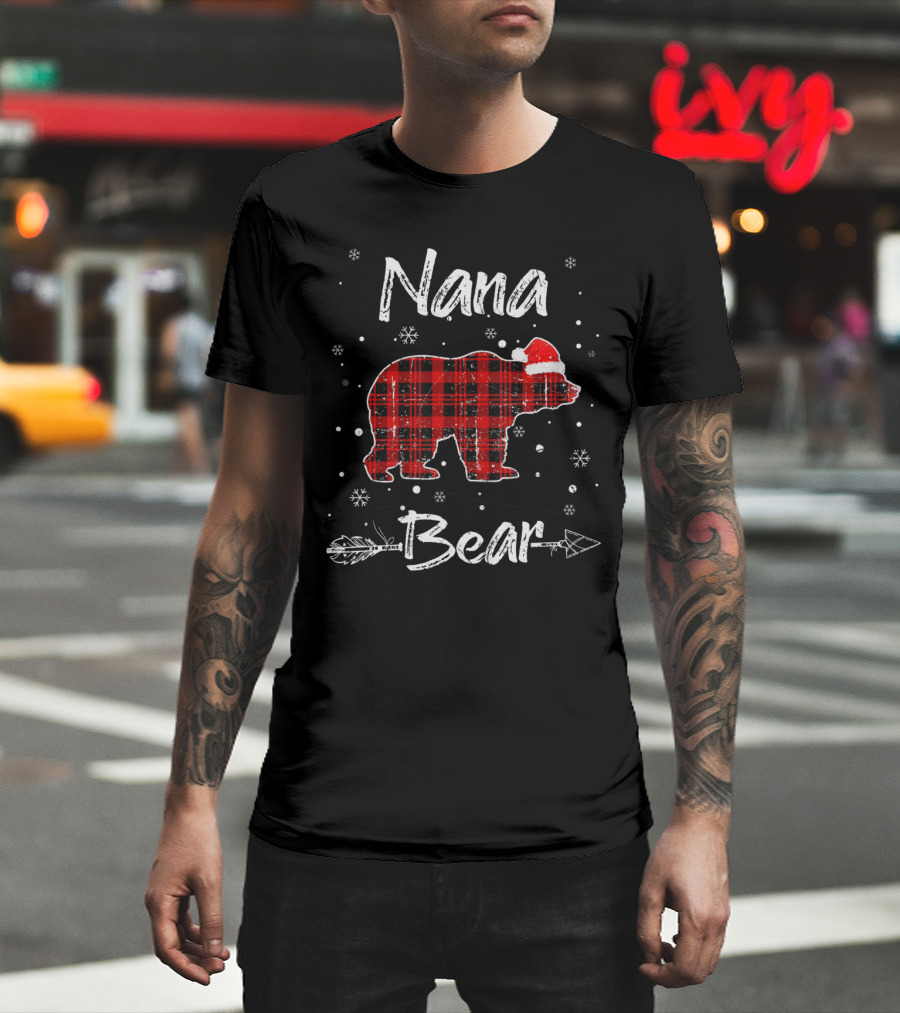 Nana Bear Christmas Red Plaid Santa Hat Snowflakes Arrow T-Shirt