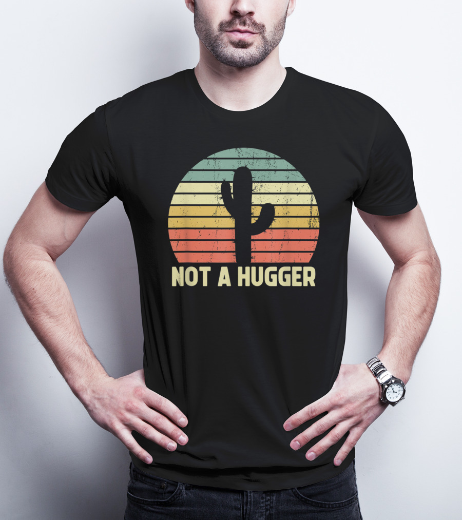 Not A Hugger Cactus Retro Sunset Sarcastic Introvert T-Shirt