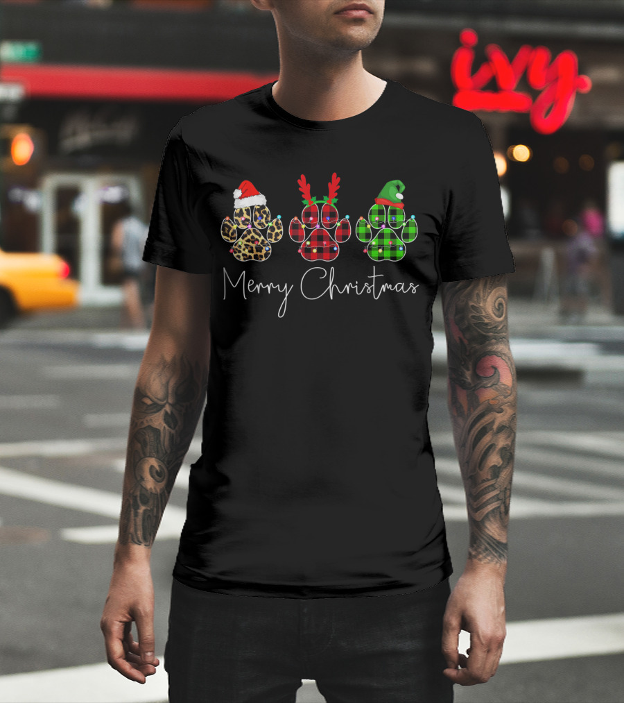 Merry Christmas Leopard Reindeer Elf Paw Dogs T-Shirt
