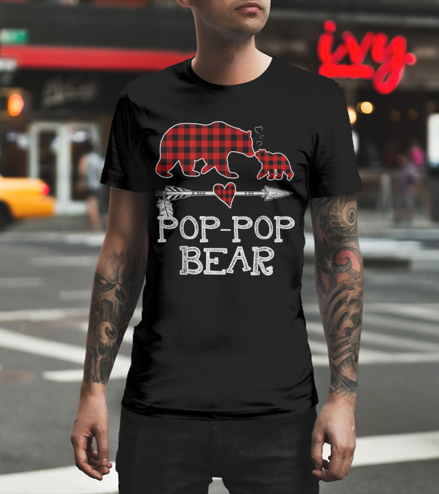 Pop Pop Bear Red Plaid Buffalo Christmas Hearts Arrow T-Shirt