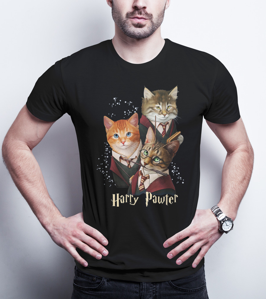 Harry Pawter Cats In Wizard Robes With Wands And Glasses T-Shirt