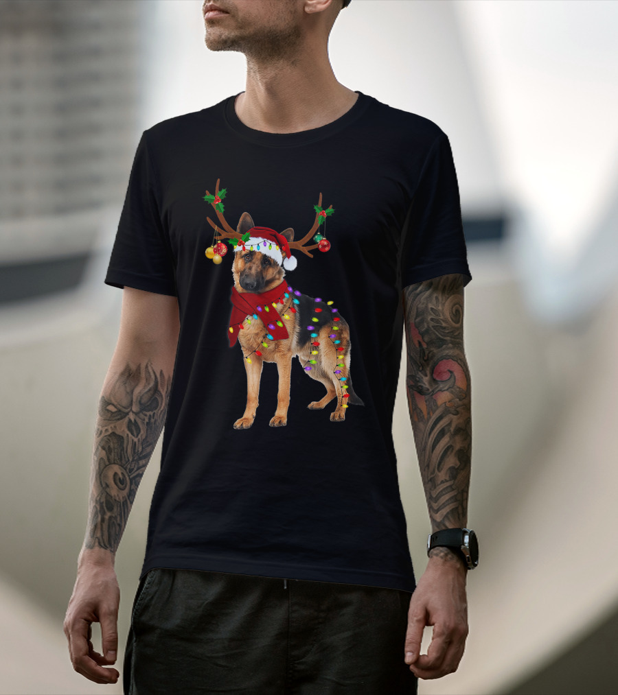 Santa German Shepherd Reindeer Antlers Christmas Lights T-Shirt