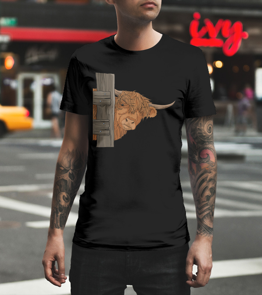 Scottish Highland Cow Spirit Animal Peeking Behind Wooden Fence T-Shirt