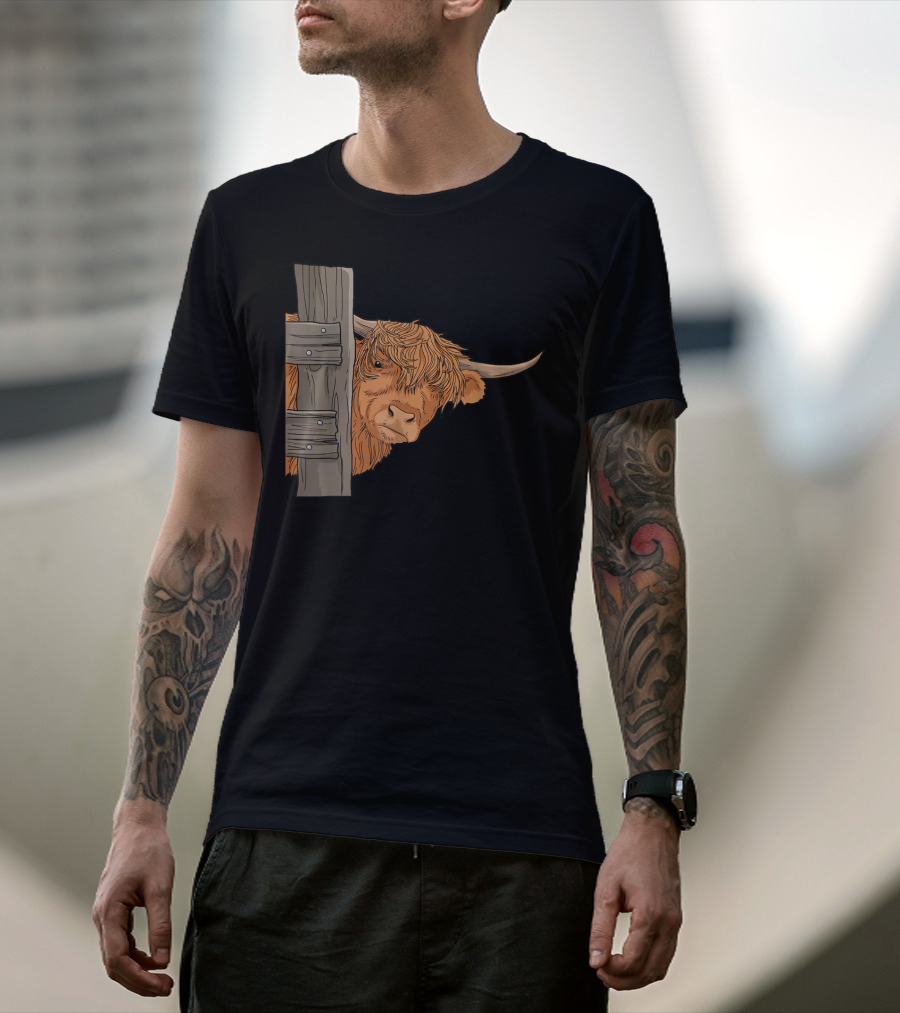 Scottish Highland Cow Spirit Animal Peeking Behind Wooden Fence T-Shirt