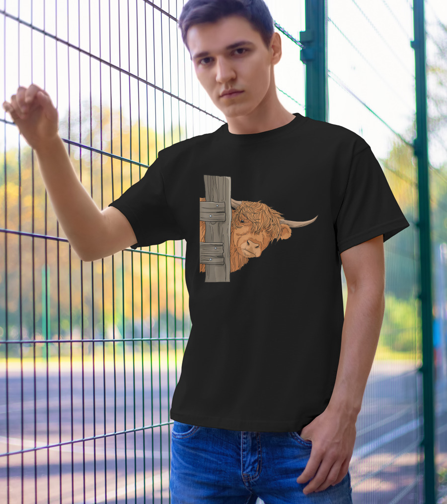 Scottish Highland Cow Spirit Animal Peeking Behind Wooden Fence T-Shirt