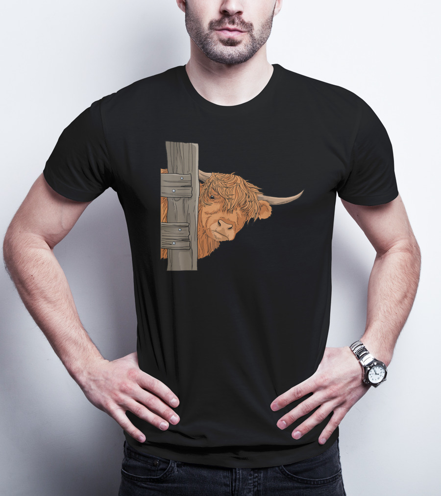 Scottish Highland Cow Spirit Animal Peeking Behind Wooden Fence T-Shirt