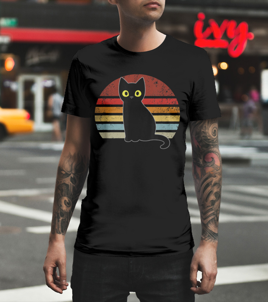 Vintage Retro Stripes Black Cat Kitty Kitten T-Shirt