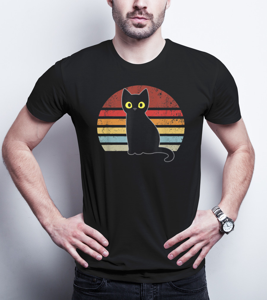 Vintage Retro Stripes Black Cat Kitty Kitten T-Shirt