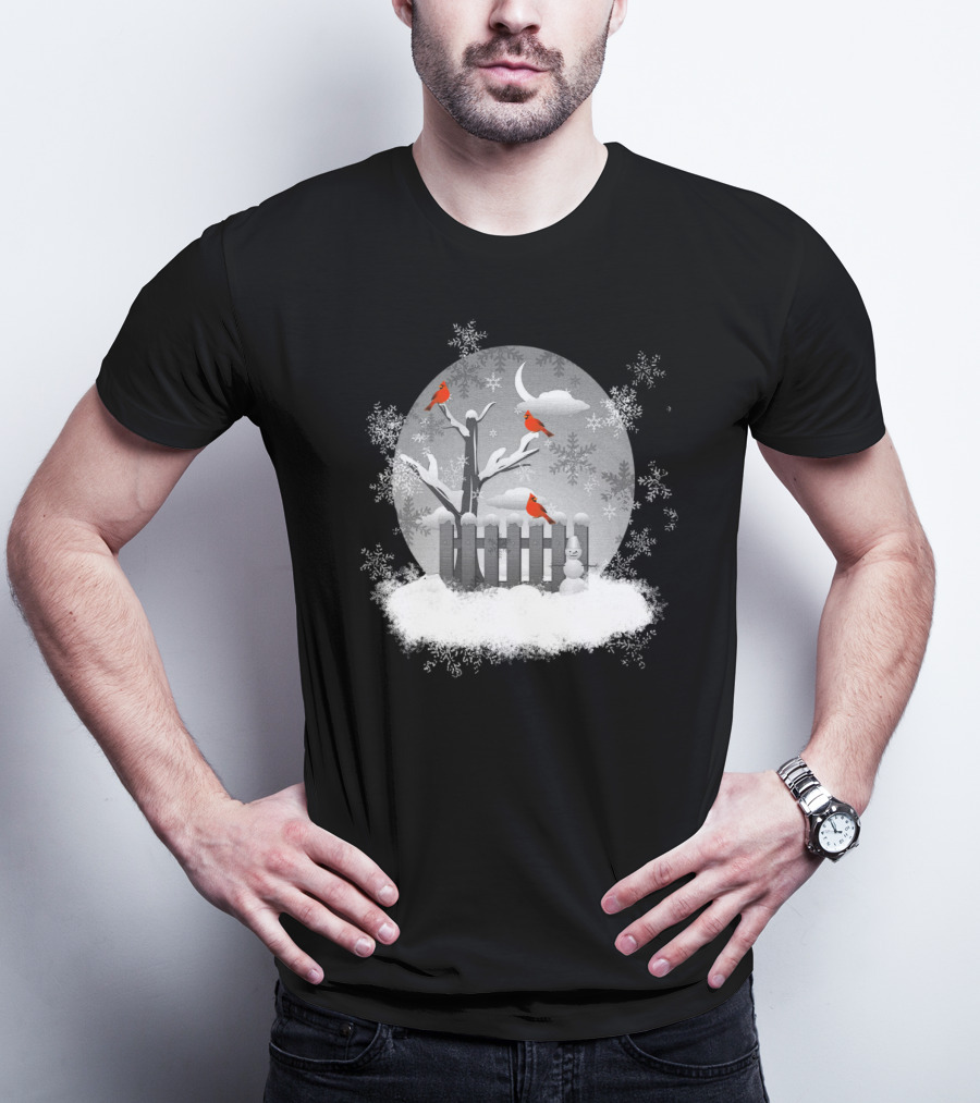 Red Cardinals On Snowy Winter Night With Snowflakes And Moon Scene T-Shirt