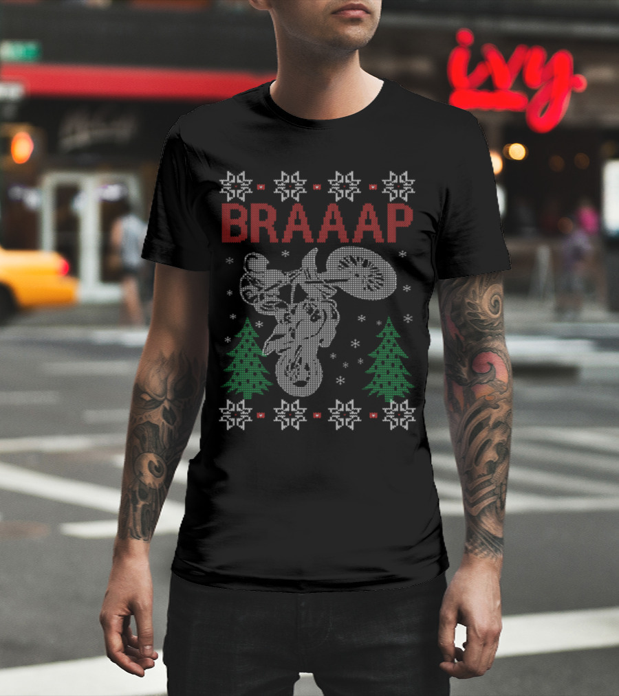 BRAAAP Motorcycle Biker Christmas Ugly Sweater Style Design Snowflakes Trees T-Shirt
