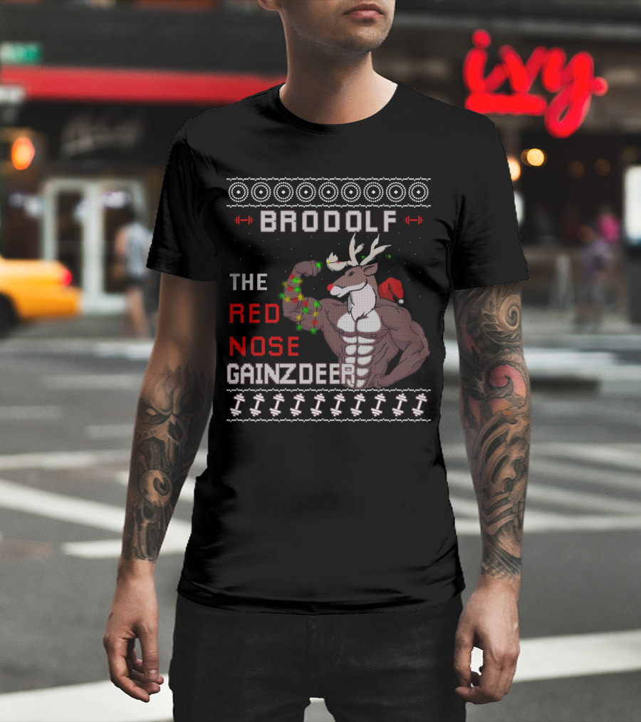 Brodolf The Red Nose Gainzdeer Lifting Weights Festive Sweater Style Fitness T-Shirt