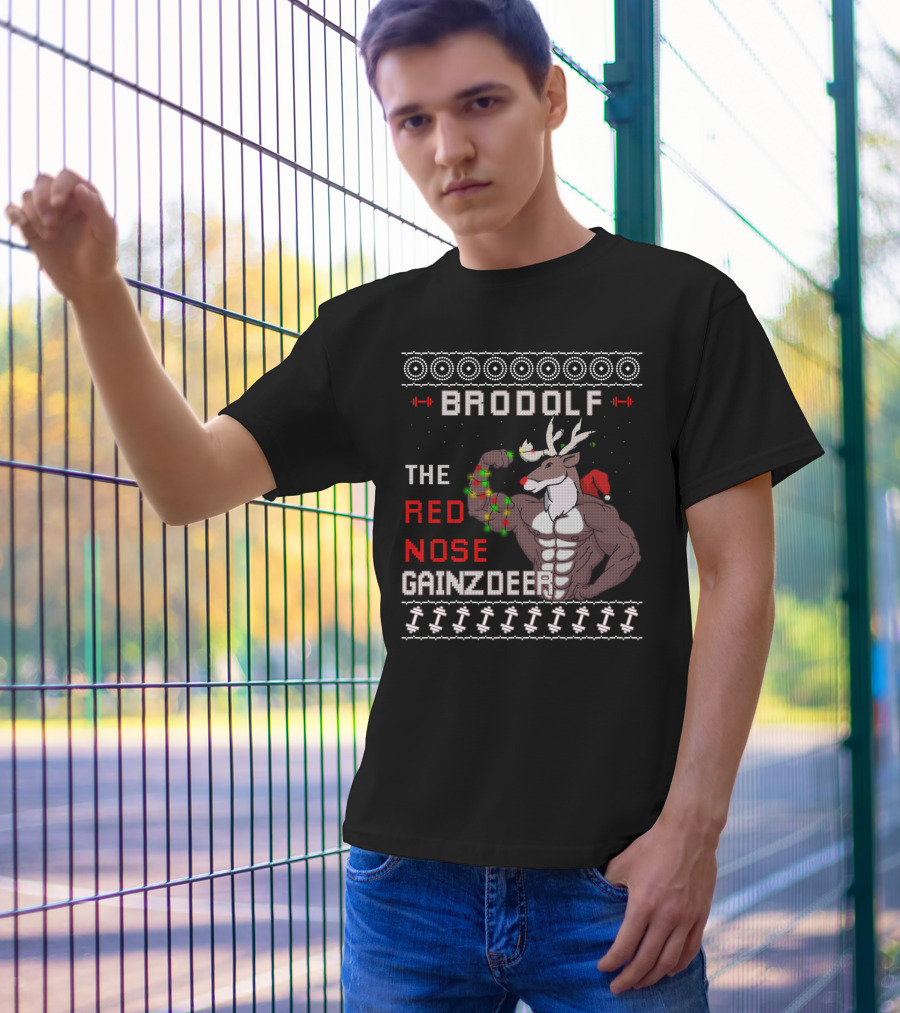 Brodolf The Red Nose Gainzdeer Lifting Weights Festive Sweater Style Fitness T-Shirt