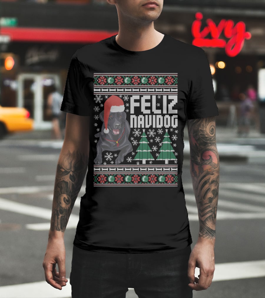 Feliz Navidog Labrador With Santa Hat And Christmas Trees Snowflakes T-Shirt